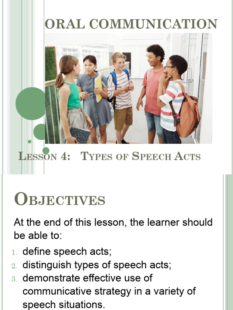 ORAL COMMUNICATION Lesson 4 Types of Speech Acts | PDF | Human Communication | Linguistics