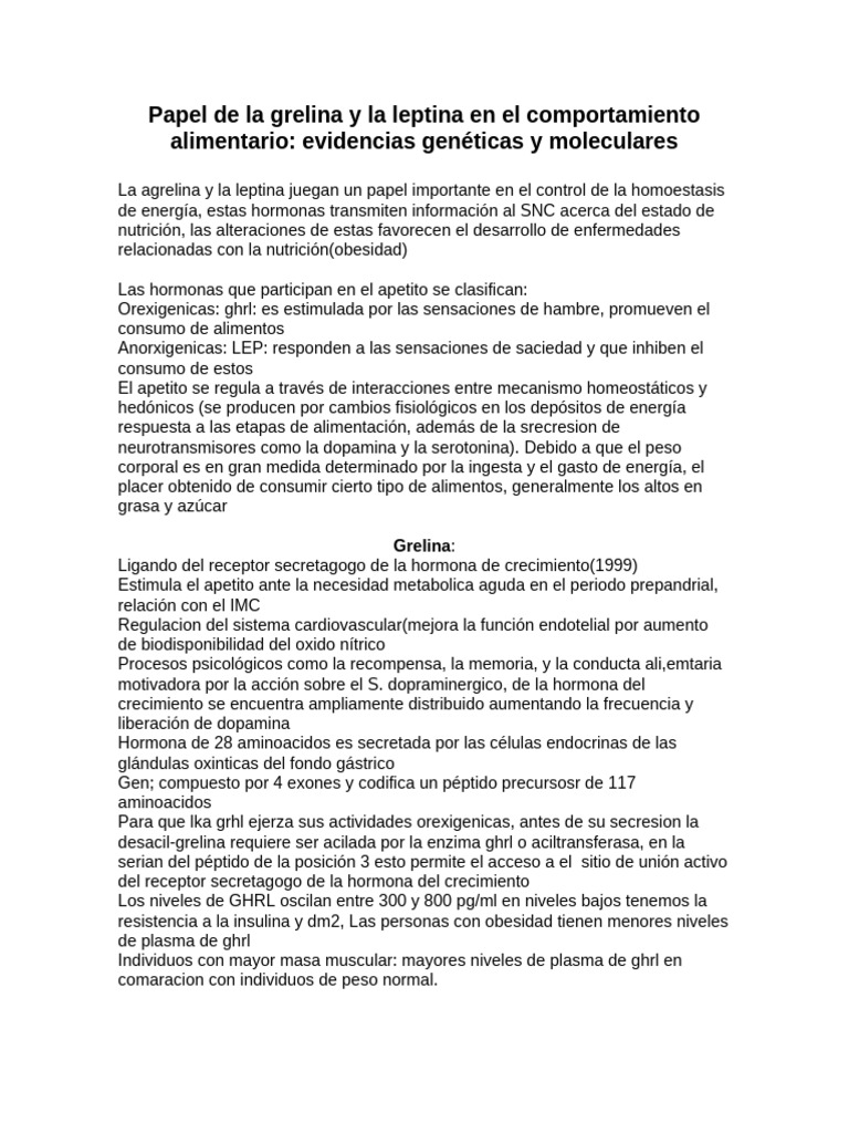 Grelina y Leptina | PDF | Leptina | Hormona