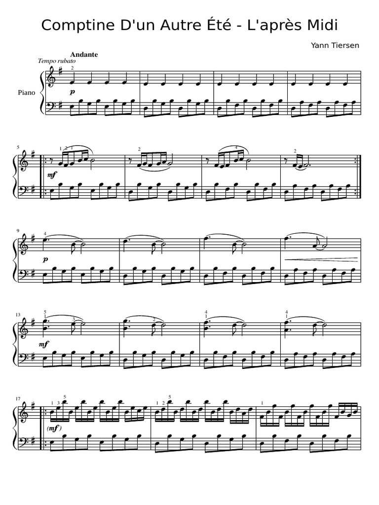 Comptine Dun Autre Ete - Lapres-Midi - Yann Tiersen Easy Piano | PDF ...