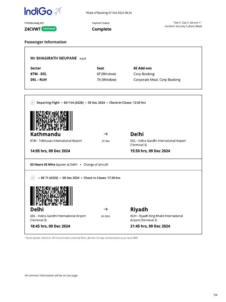 E-Ticket Indigo Airlines (MR Bhagirath) 09 Dec 2024 Kathmandu To Riyadh ...