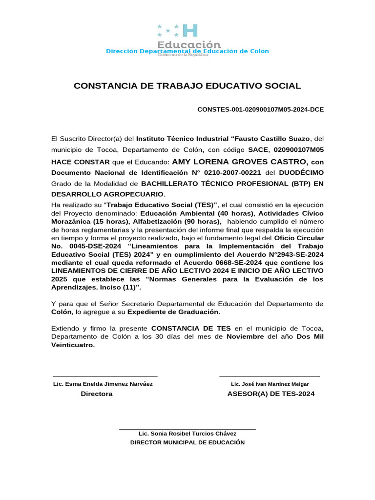 Constancia de Trabajo Educativo Social 2024 | PDF