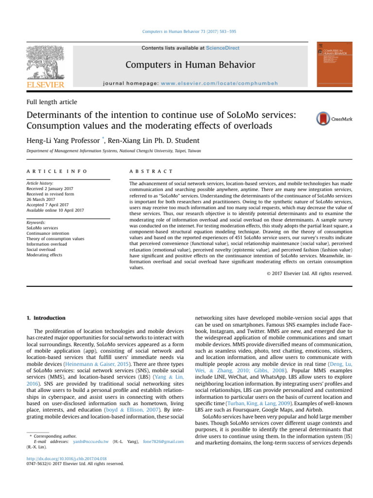 Yang - Determinants of The Intention To Continue Use of SoLoMo Services | PDF | Information ...