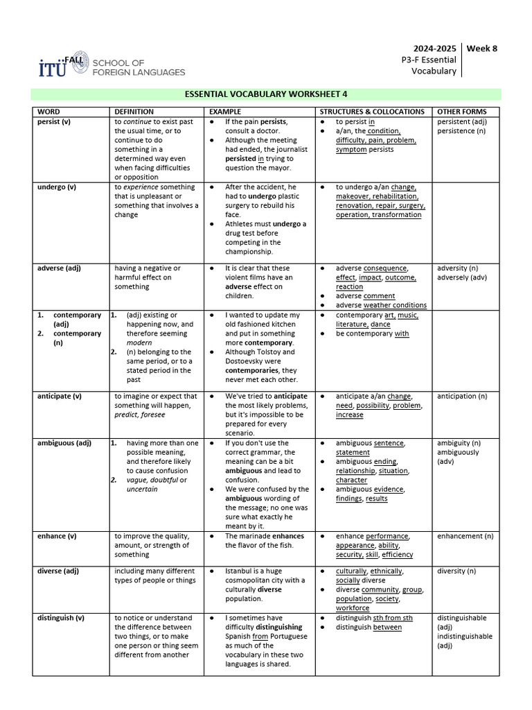 Essential Vocabulary Week 8 Guide | PDF | Cognition