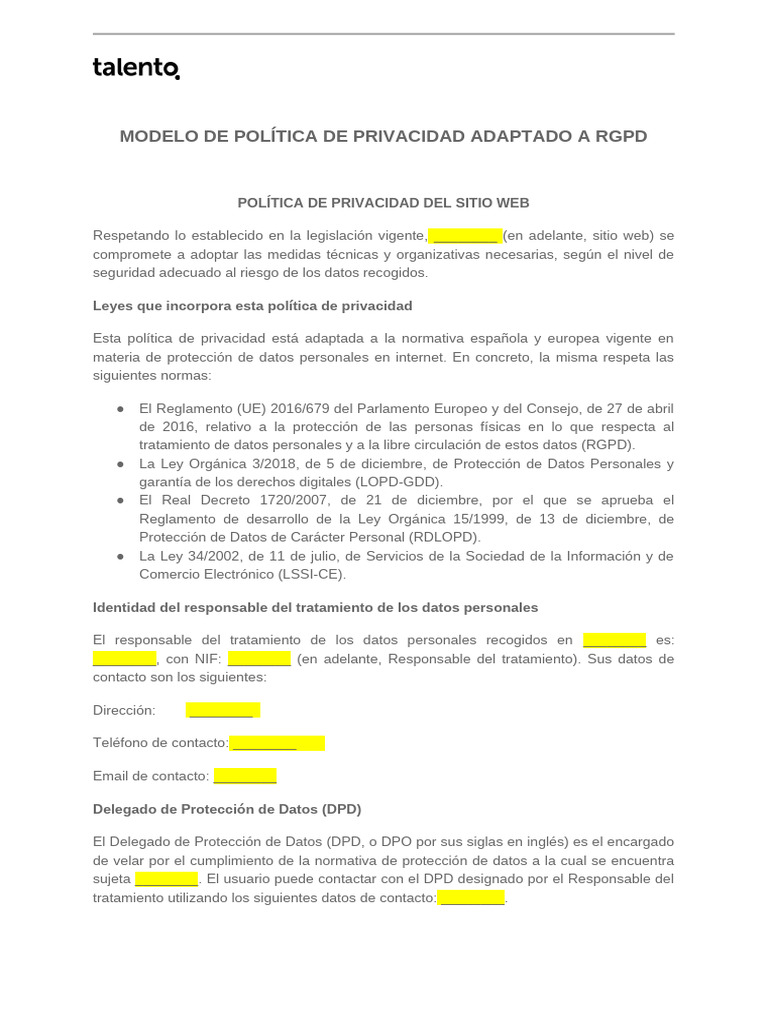 Modelo de Politica de Privacidad Adaptada Al RGPD | PDF | Política de privacidad | Privacidad