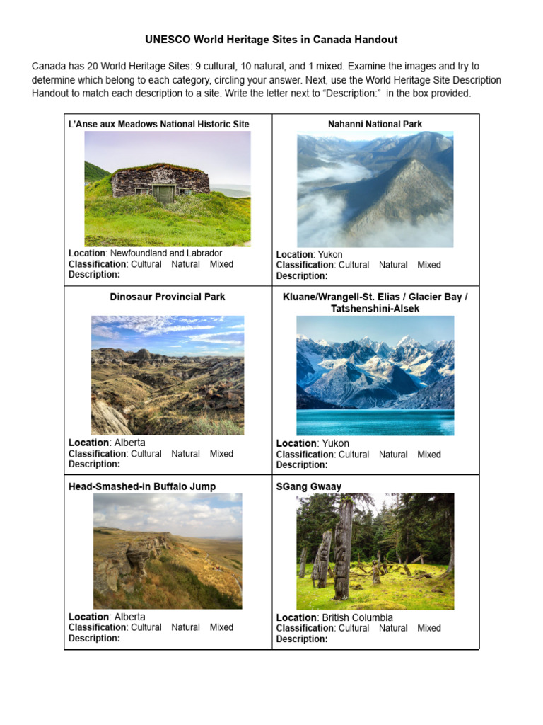 UNESCO World Heritage Sites in Canada Handout | PDF | Alberta | Canada