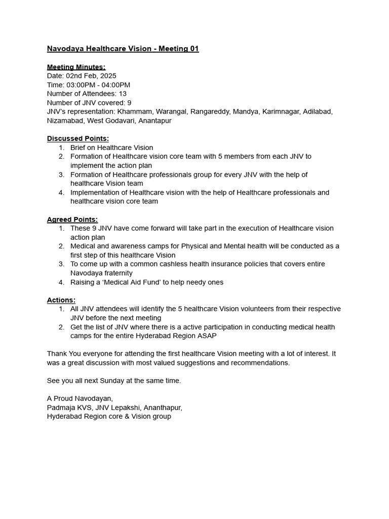 Navodaya Healthcare Vision Meeting Minutes | PDF