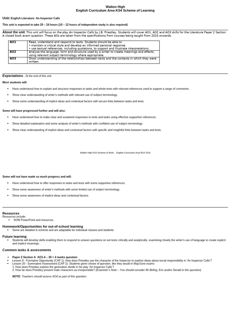 An Inspector Calls SOL 2024 | PDF | Curriculum | Learning