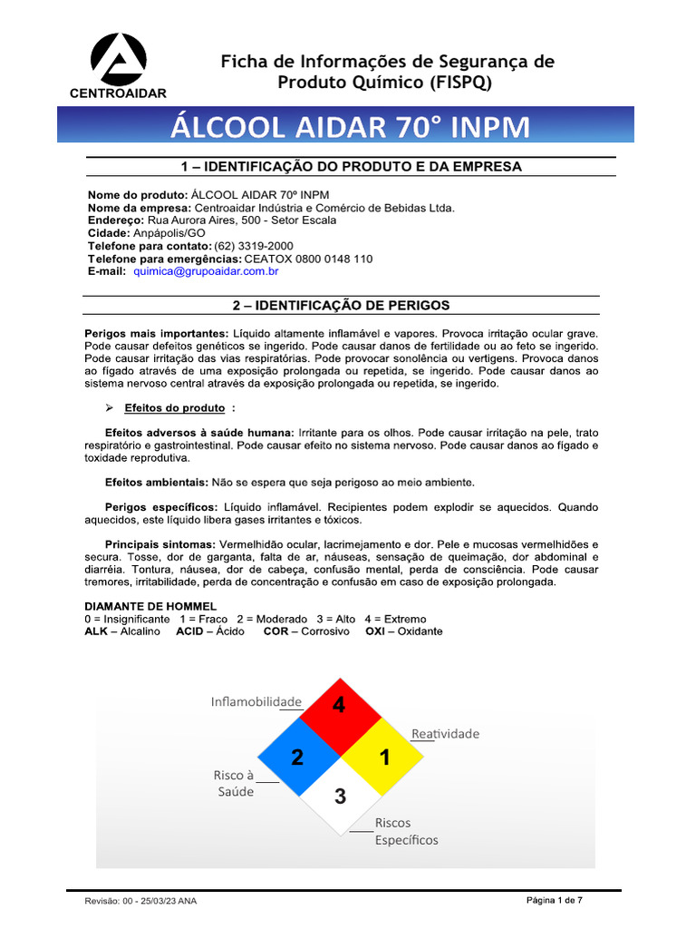 FICHA TÉCNICA ÁLCOOL 70°INPM FISPQ FINAL - CDR | PDF