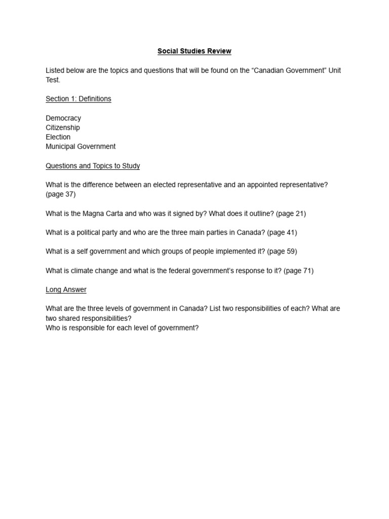 Canadian Government Unit Test Review | PDF