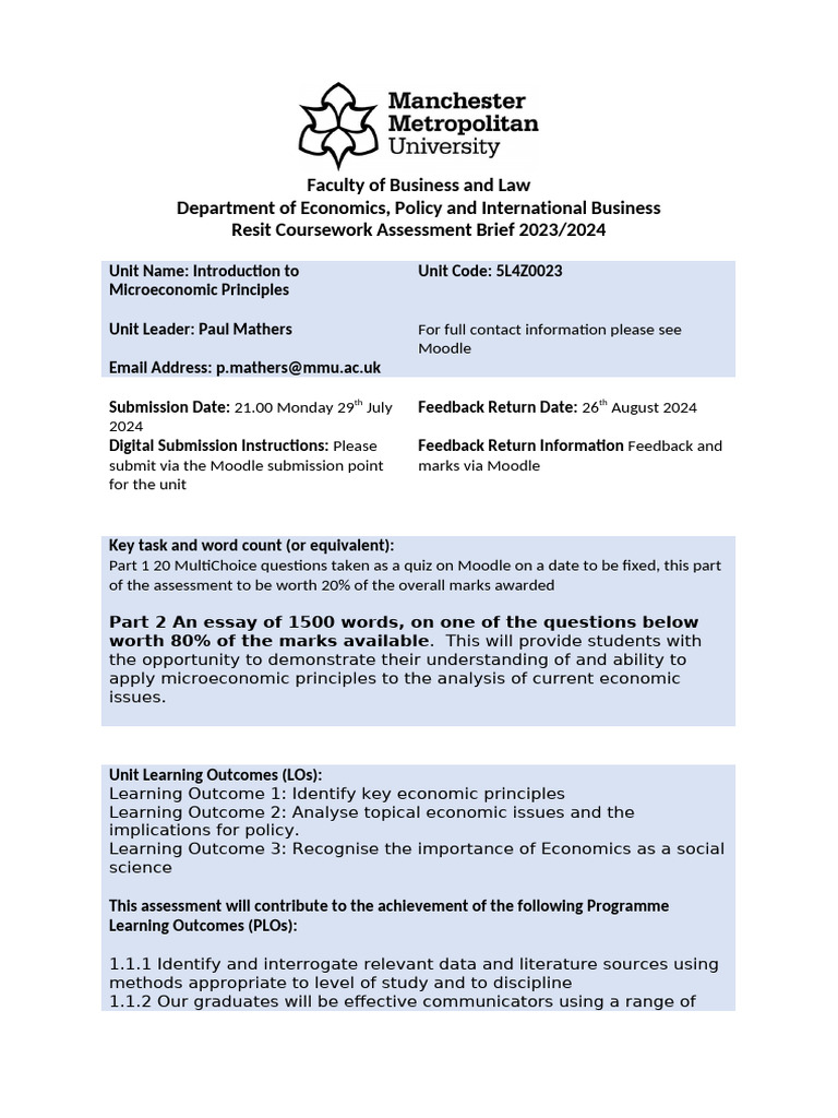 Micro Coursework Assessment Brief 2023-24 New Documentation 2023 Resit ...