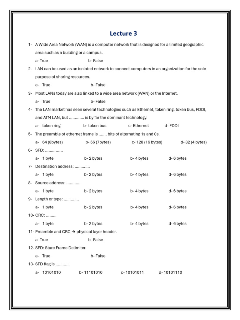 Networks Lecture 3 MCQ | PDF | Computer Network | Wide Area Network