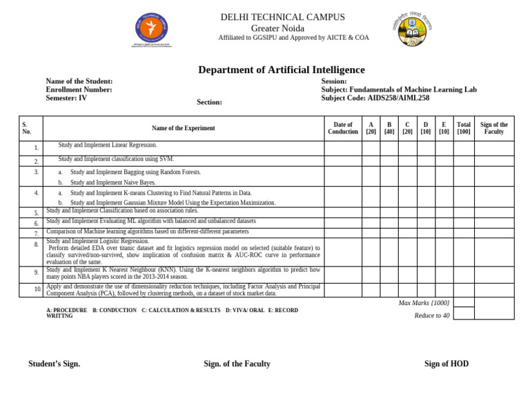 Lab Assesment Sheet of FML | PDF | Machine Learning | Learning