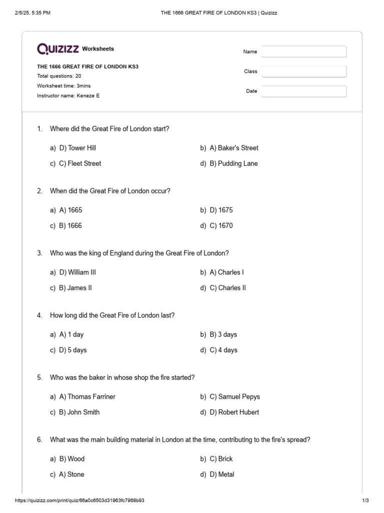 THE 1666 GREAT FIRE OF LONDON KS3 _ Quizizz | PDF | London