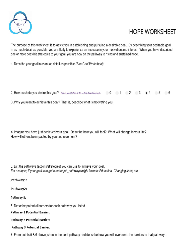 2. Hope Worksheet fillable | PDF | Goal | Psychological Concepts