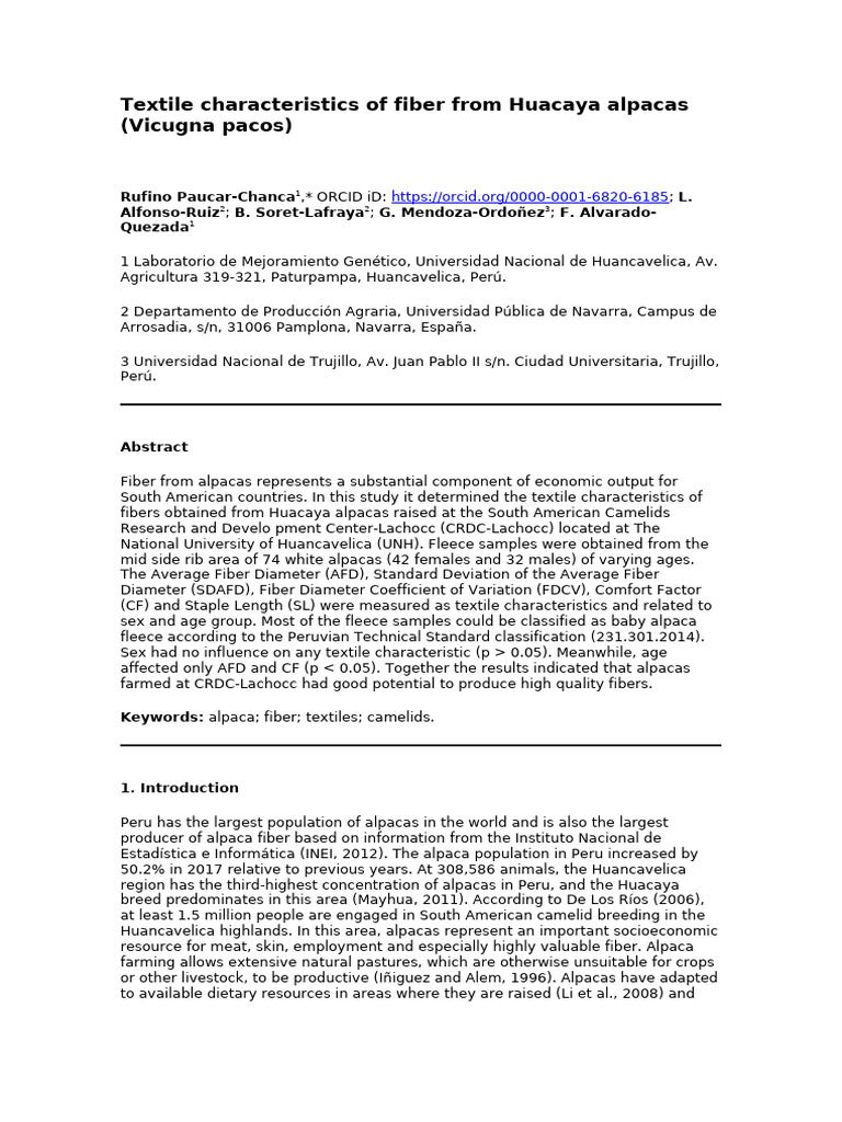 Textile Characteristics of Fiber From Huacaya Alpacas | PDF | Textiles ...