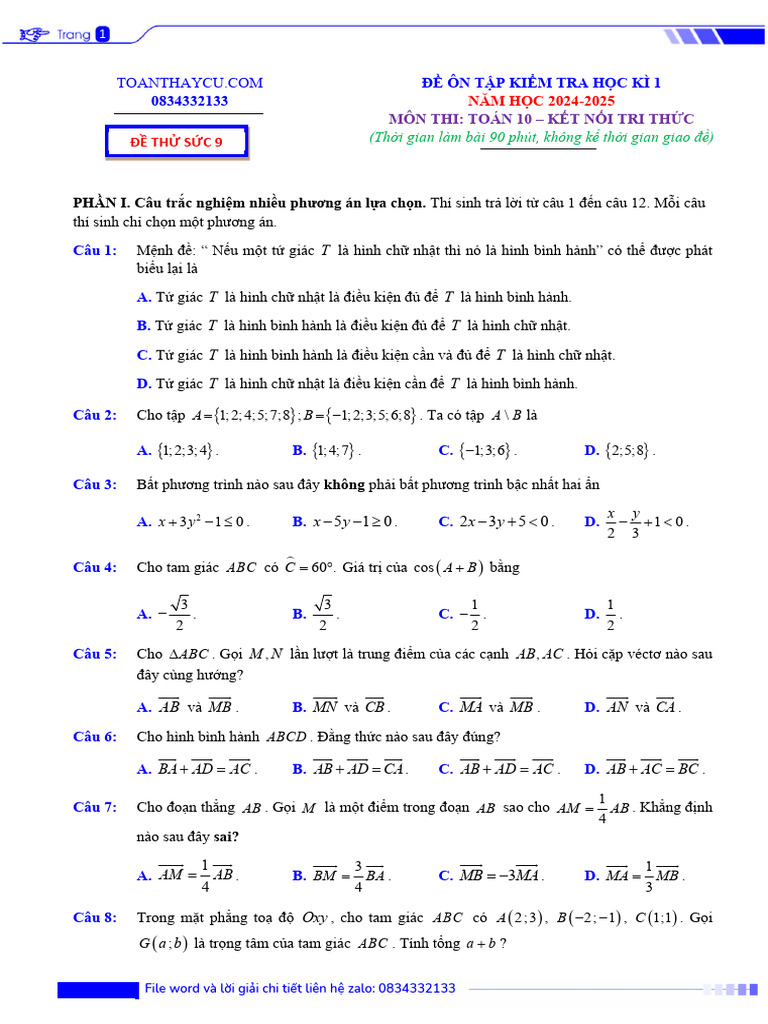 (toanthaycu.com) - Đề số 09 - KT HK 1 - Đề bài - Toán 10 - KNTT | PDF