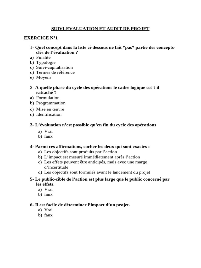 Suivi et Évaluation de Projet : Exercices | PDF