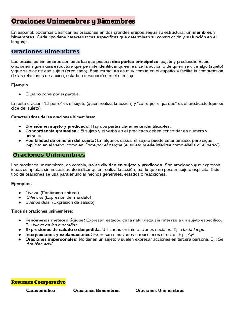 Oraciones Unimembres y Bimembres | PDF | Asunto (gramática) | Oración ...