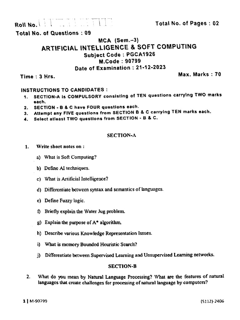 Mca 3 Sem Artificial Intelligence and Soft Computing 90799 Dec 2023 | PDF
