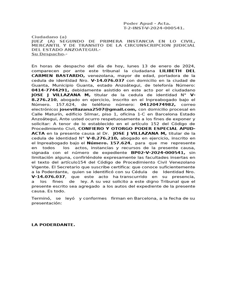 Poder Apud Acta | PDF | Procedimiento Civil | Abogado
