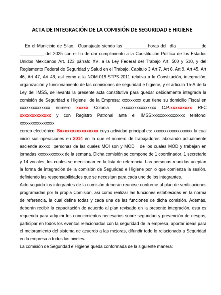 Acta de Integracion de La Comisión de Seguridad e Higiene Carto Micro 2025 | PDF