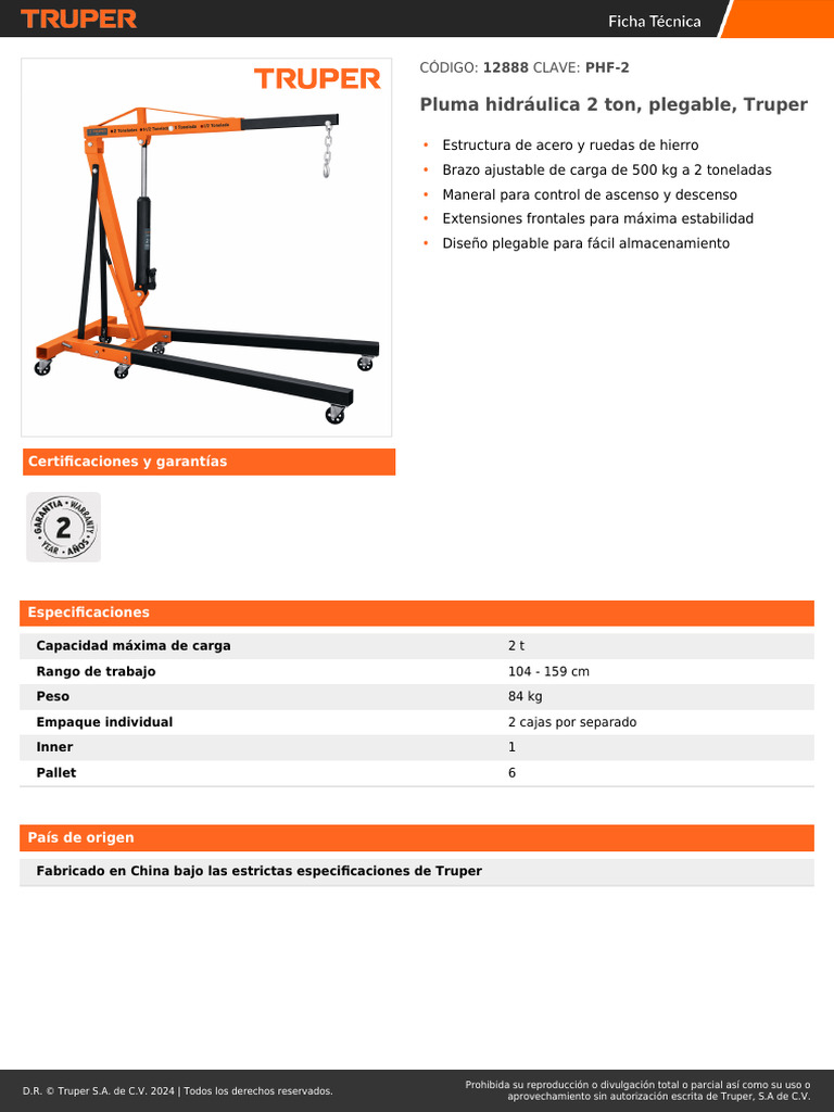 Pluma Hidráulica 2 Ton, Plegable, Truper: CÓDIGO: 12888 CLAVE: PHF-2 | PDF