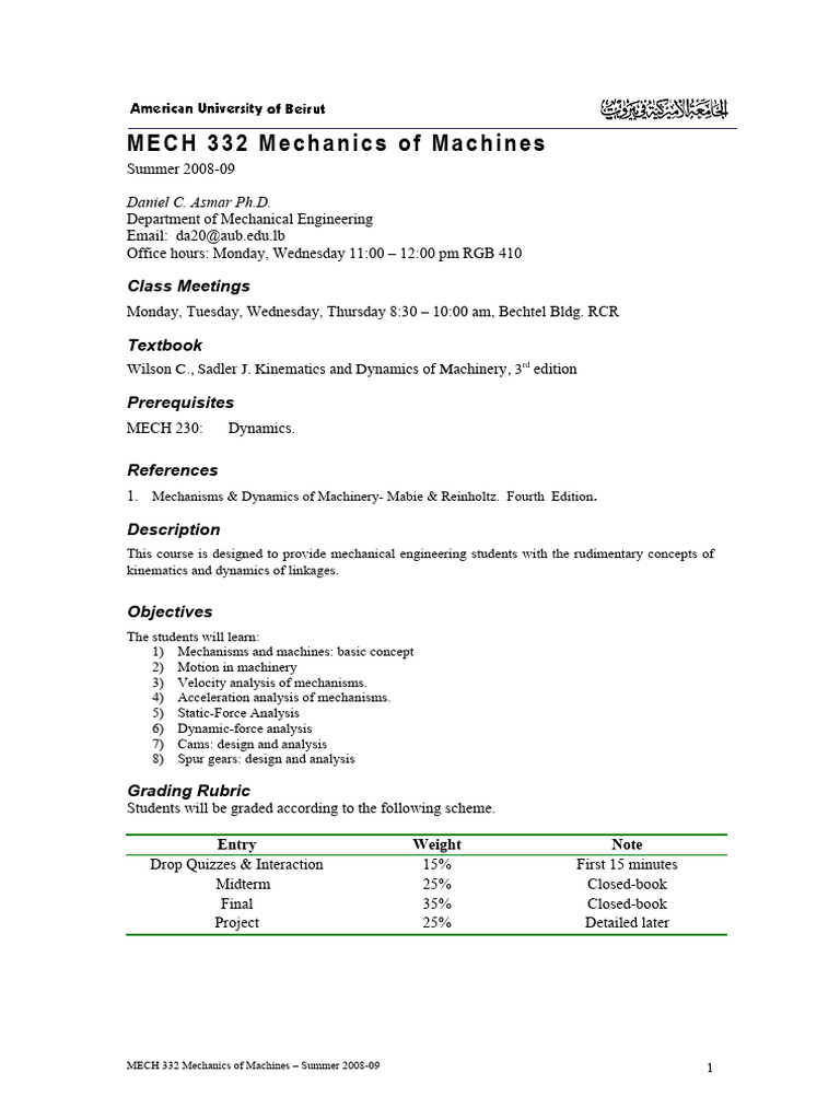 08 09 Syllabus MECH332 Summer | PDF | Machines | Classical Mechanics