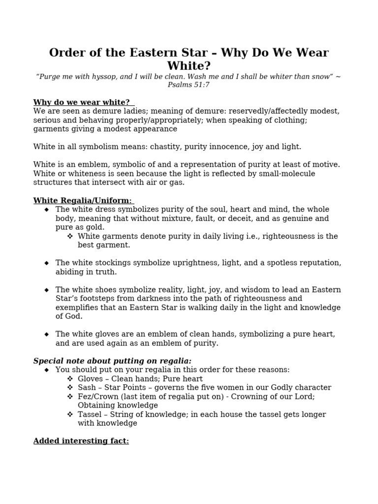 Significance of White in Eastern Star Regalia | PDF | Clothing