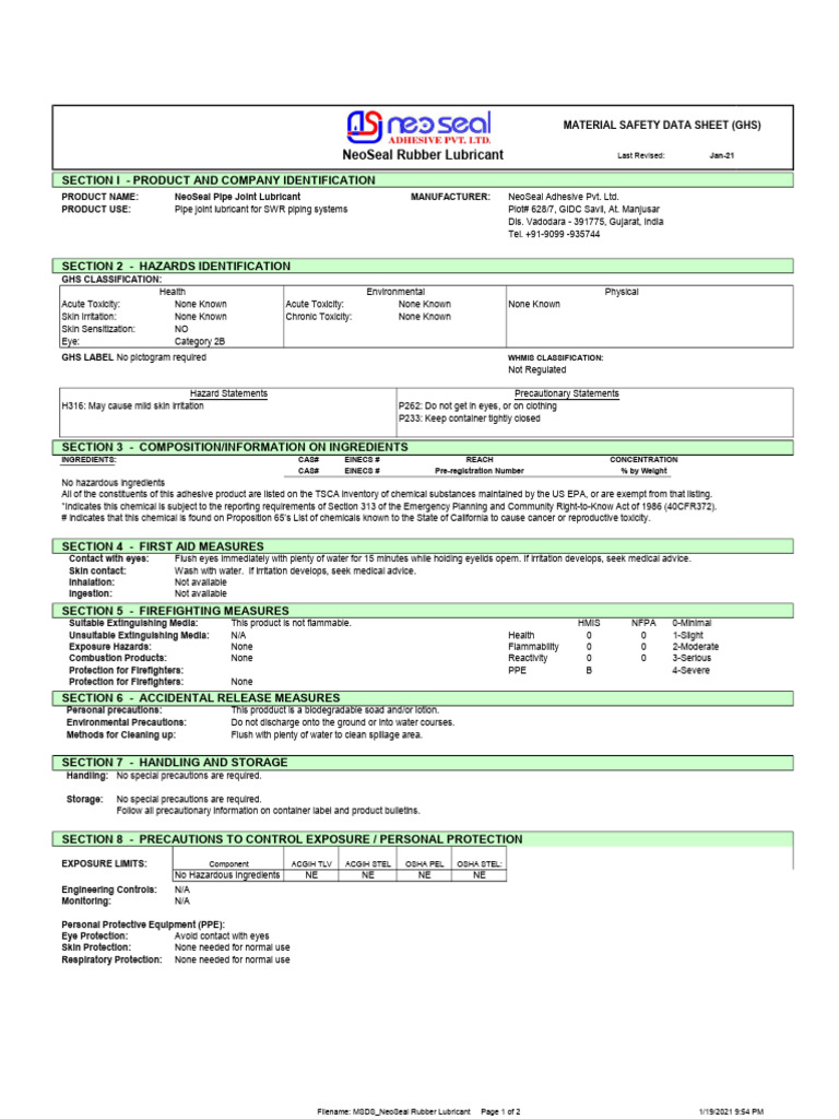 NeoSeal Pipe Joint Lubricant MSDS | PDF | Toxicity | Workplace