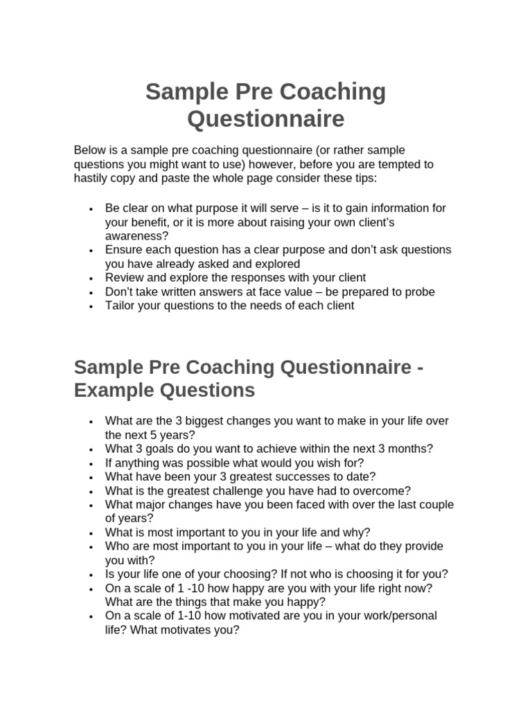 Sample Pre Coaching Questionnaire | PDF | Goal | Motivation