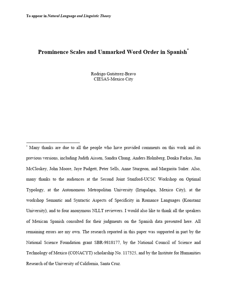 Prominence Scales and Unmarked Word Order in Spanish | PDF | Subject ...