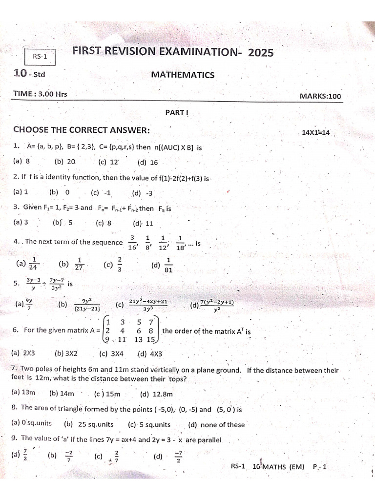 10th Maths 1st Revision Exam 2025 Original Question Paper Salem ...
