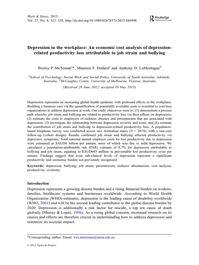 Depression in The Workplace - Australia | PDF | Occupational Stress ...