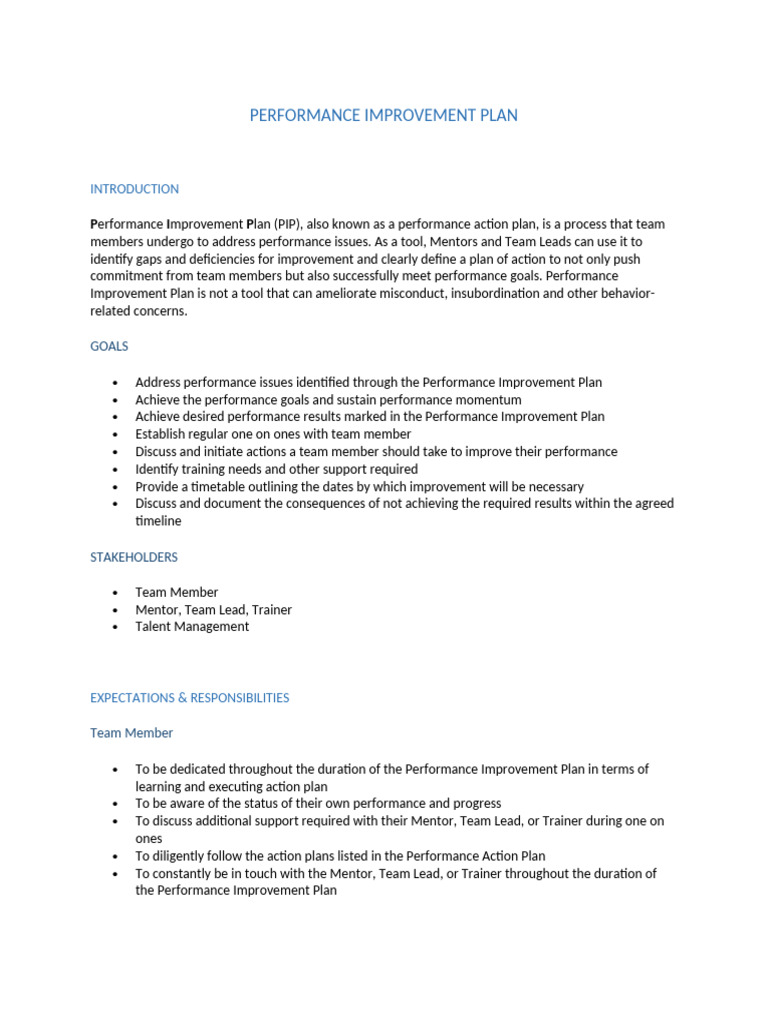 Performance Improvement Plan | PDF | Talent Management | Mentorship