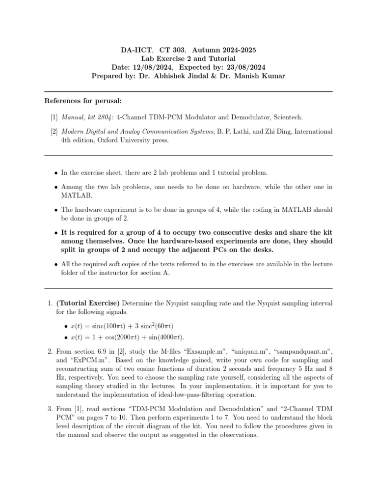 CT303 24 25 Lab Exercise 2 | PDF | Sampling (Signal Processing) | Modulation