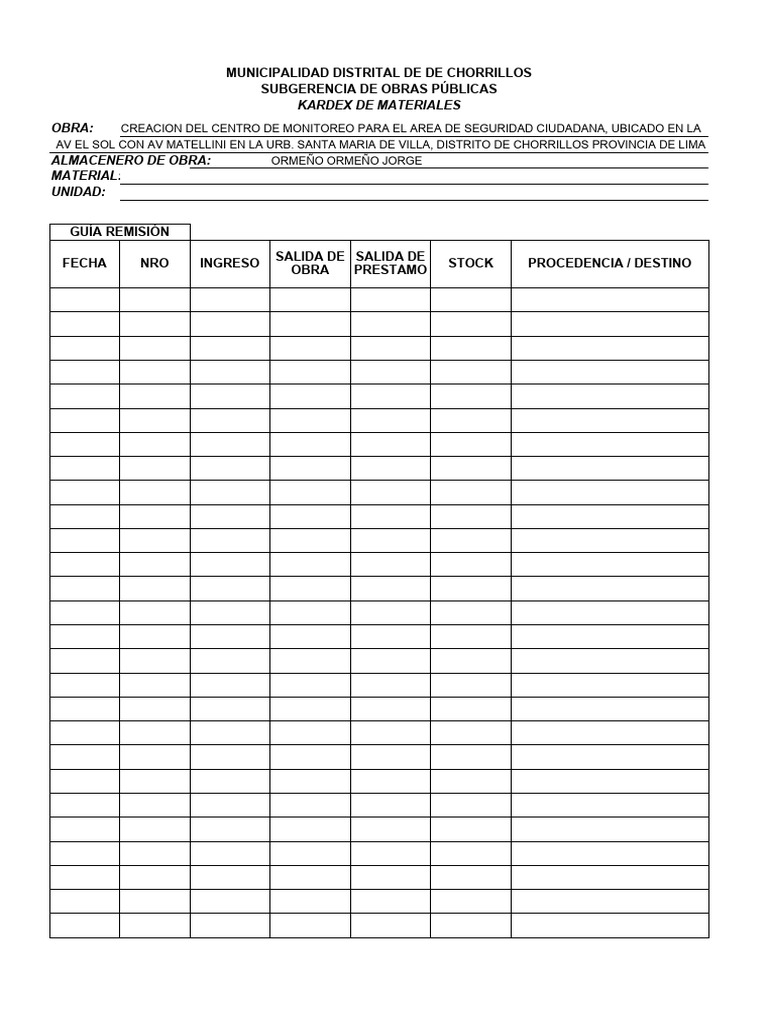 Kardex de Obra Formato PR | PDF