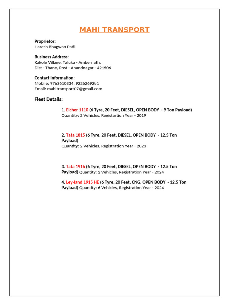 Mahi Transport Profile - Perfect Logistic | PDF