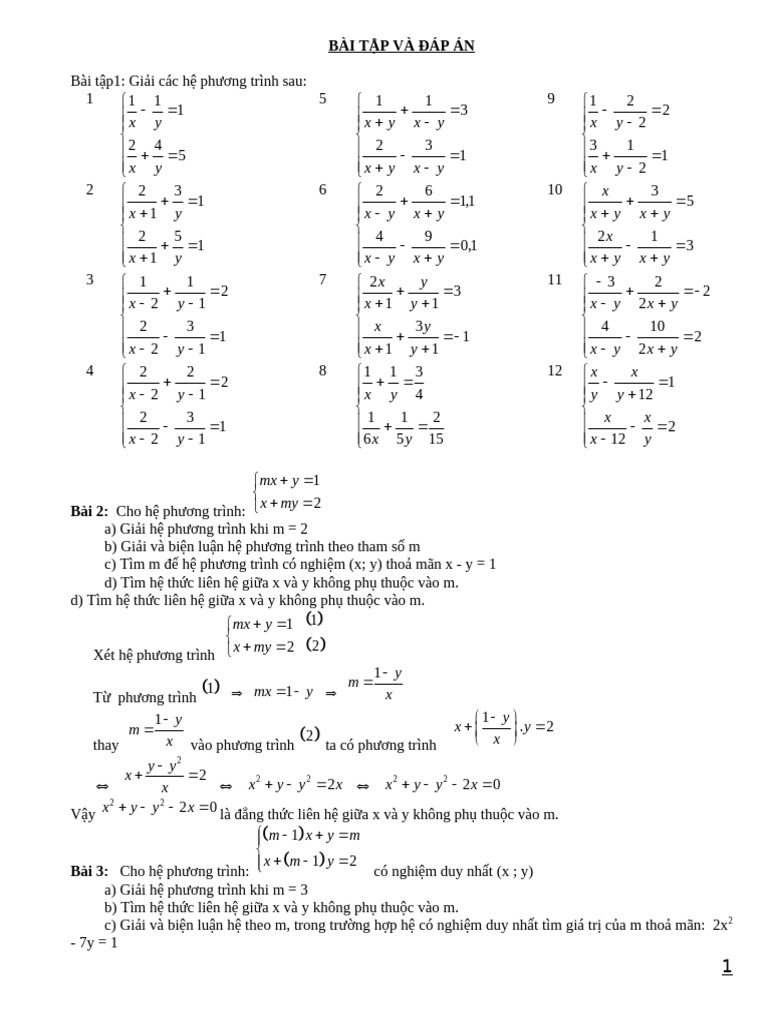 bai tap ve he phuong trinh chua tham so dai so 9 co da | PDF