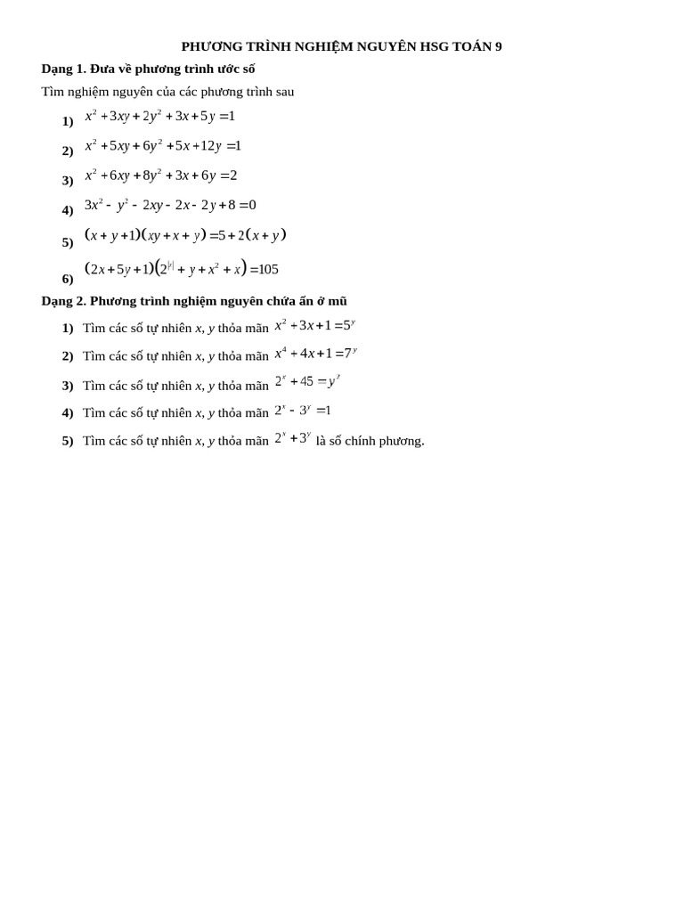 PHƯƠNG TRÌNH NGHIỆM NGUYÊN HSG TOÁN 9 | PDF