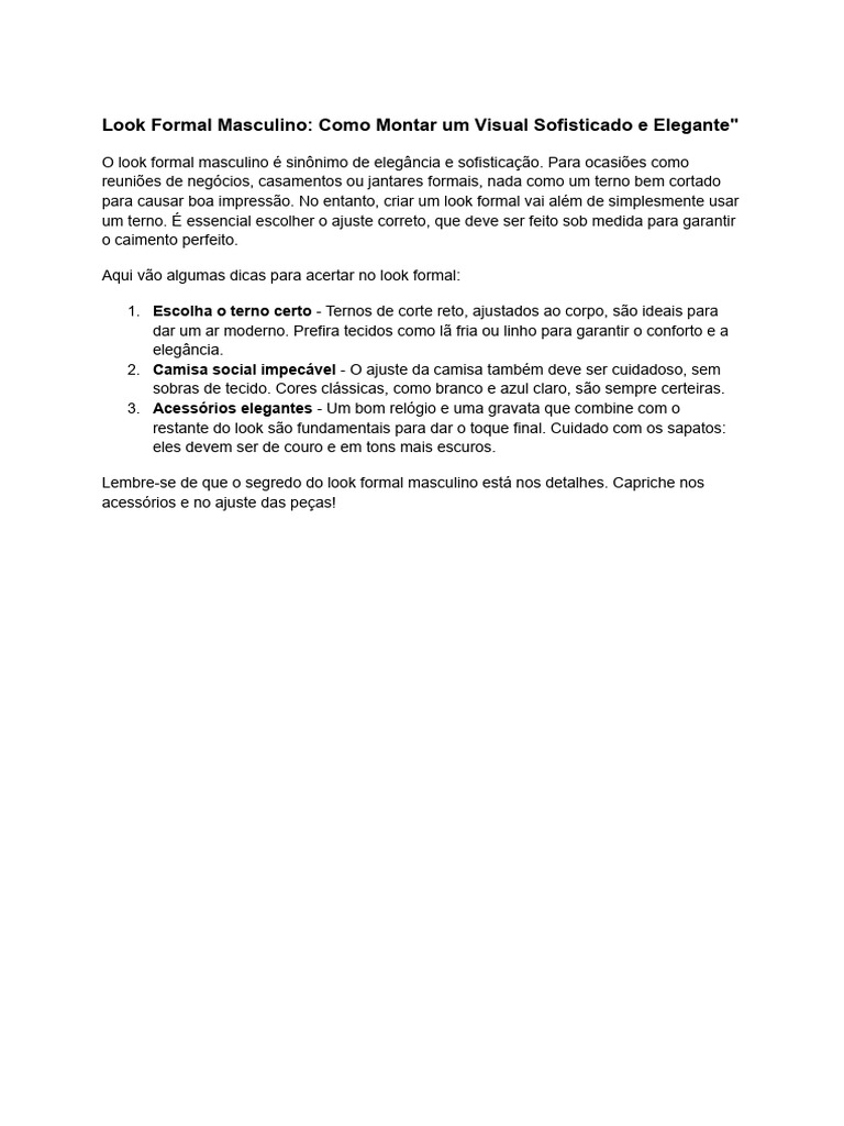 Look Formal Masculino - Como Montar Um Visual Sofisticado e Elegante | PDF