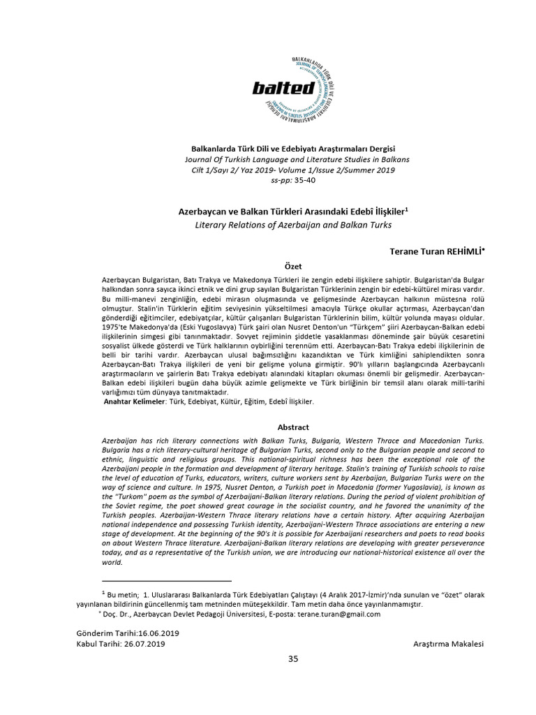 Azerbaycan Ve Balkan T - Rkleri Aras - Ndaki Edeb - Li - Kiler (#578486) - 774401 | PDF