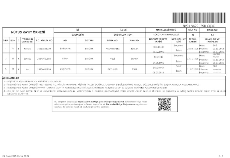 Nufus Kayit Ornegi | PDF