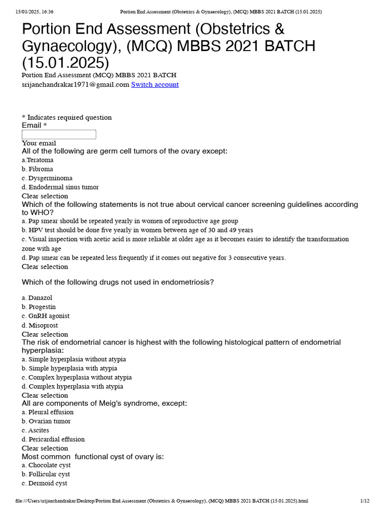Portion End Assessment (Obstetrics & Gynaecology), (MCQ) MBBS 2021 ...