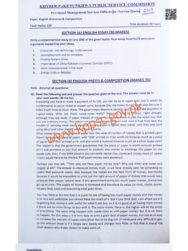 PMS in Service Previous Papers 2019 KPPSC | PDF