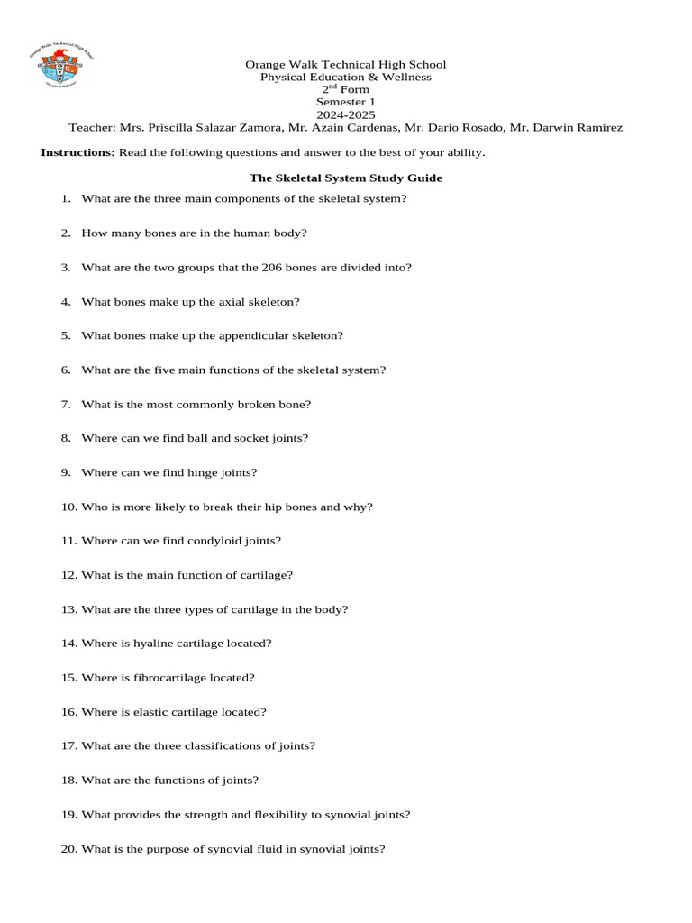 Skeletal System Study Guide | PDF