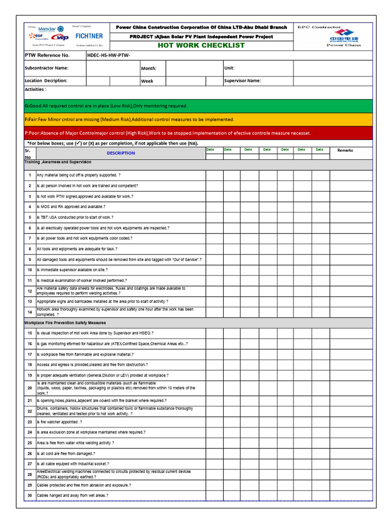 Hot Work PTW Checklist Updated 20-06-2024 Rev - 01 | PDF | Welding ...