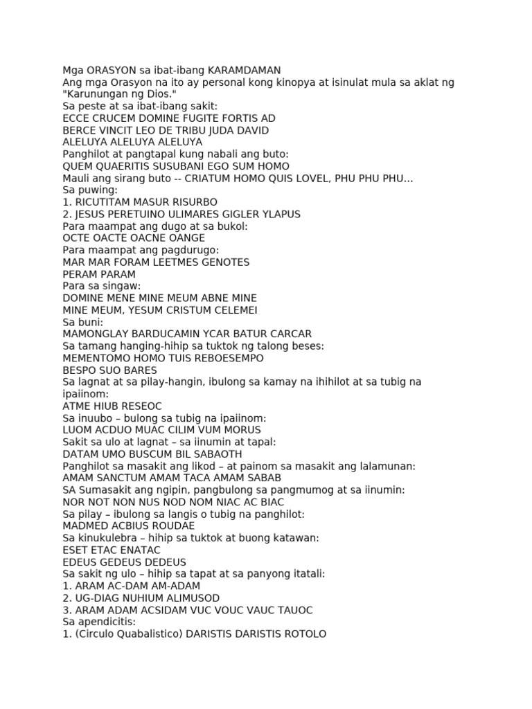 Mga ORASYON Sa Ibat-Ibang KARAMDAMAN | PDF