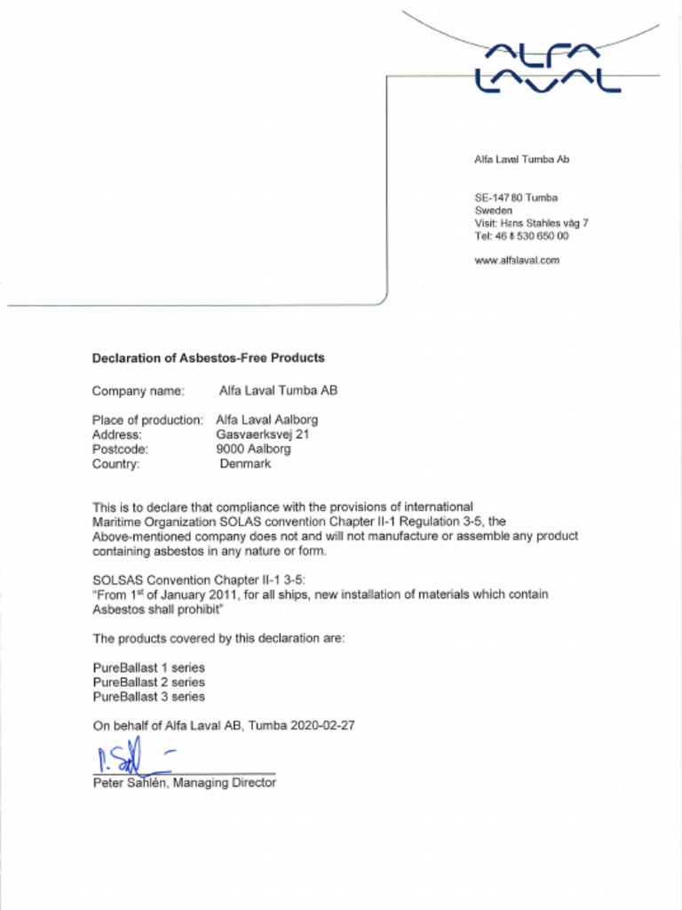 Alfa Laval - Asbestos Free Declaration | PDF