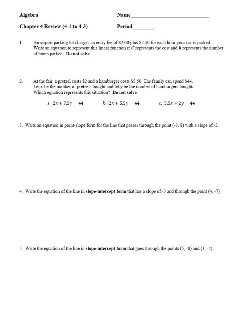 Chapter 4 Review (4-1 To 4-3 2024 | PDF | Equations | Elementary ...