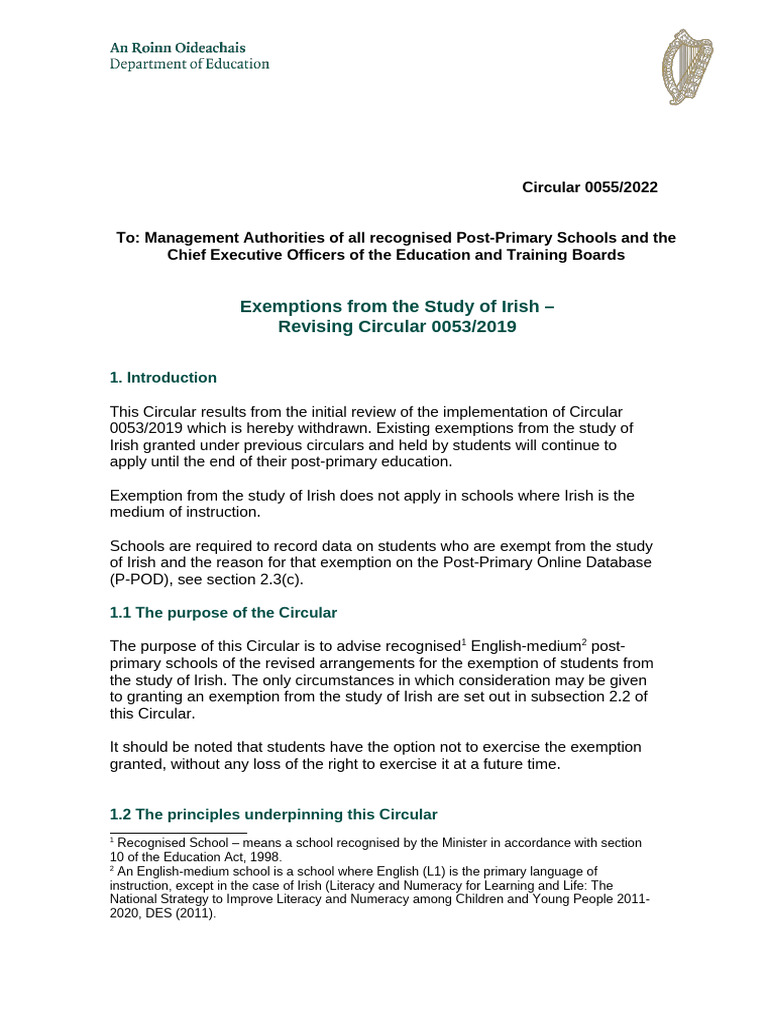 Revised Irish Study Exemption Policy | PDF | Special Education ...